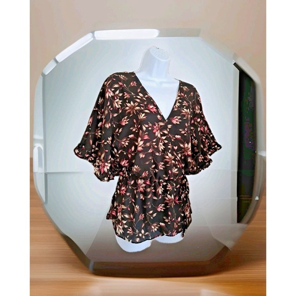 Sienna Sky | Tops | Sienna Sky Faux Wrap Top L Brown Floral Short ...